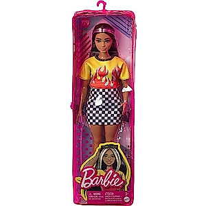 Barbie Fashionistas Doll, Curvy, Long Highlighted Hair & Flame Crop Top, Checkered Skirt, Sneakers & Sunglasses, Toy for Kids 3 to 8 Years Old