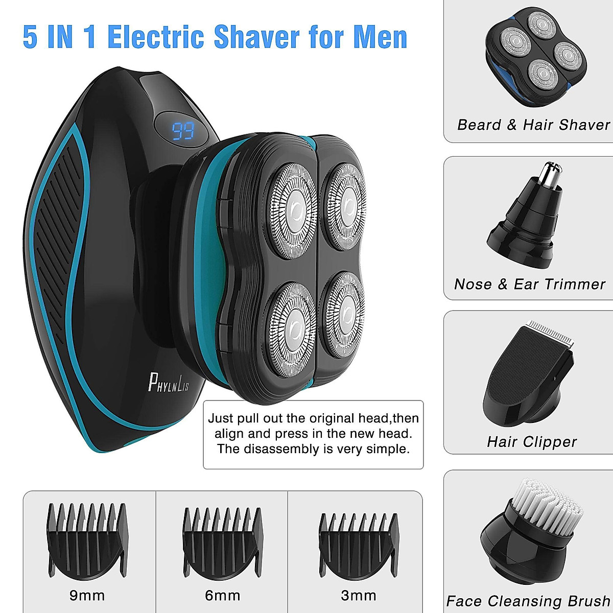 Men's Bald Head/Skull & Face Shaver Mini Trimmer Cordless Clipper Kit Fast Charging Palm Beard Rotary Barber Shaver Waterproof Rechargeable Multifunction PhylnLis 8608