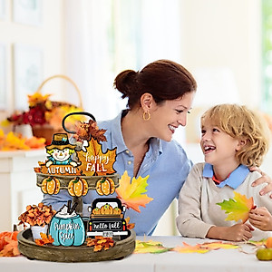 Guoofu Fall Scarecrow Tiered Tray Decor, Farmhouse Pumpkin Tray Decorations, Happy Fall Maple Leaf Truck Pumpkin Spice Wooden Signs, Autumn Thanksgiving Rustic Home Decor for Party Tabletop