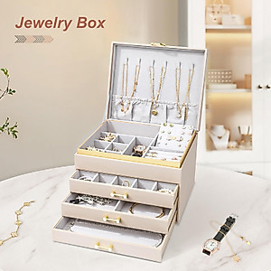 V-LAFUYLIFE Jewelry Box for Women,4-Layer Leather Jewelry Holder Organizer with 3 Drawers Large Jewelry Storage Boxes, Lots of Storage Space For Ring,Necklace,Bracelets,Earring（White）