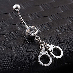 Lenacou Belly Button Rings 14G Surgical Steel Handcuffs CZ Dangle Navel Piercing Body Jewelry