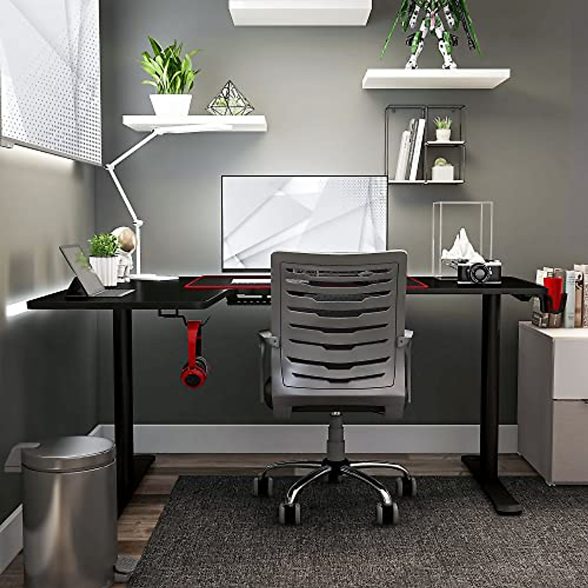 ioHOMES Kindira Modern Steel 65 in. L-Shaped Gaming Desk with USB Ports, PC Mouse Pad and Rotatable Cup-Holder for Home Office, Classroom, Study Room, Black