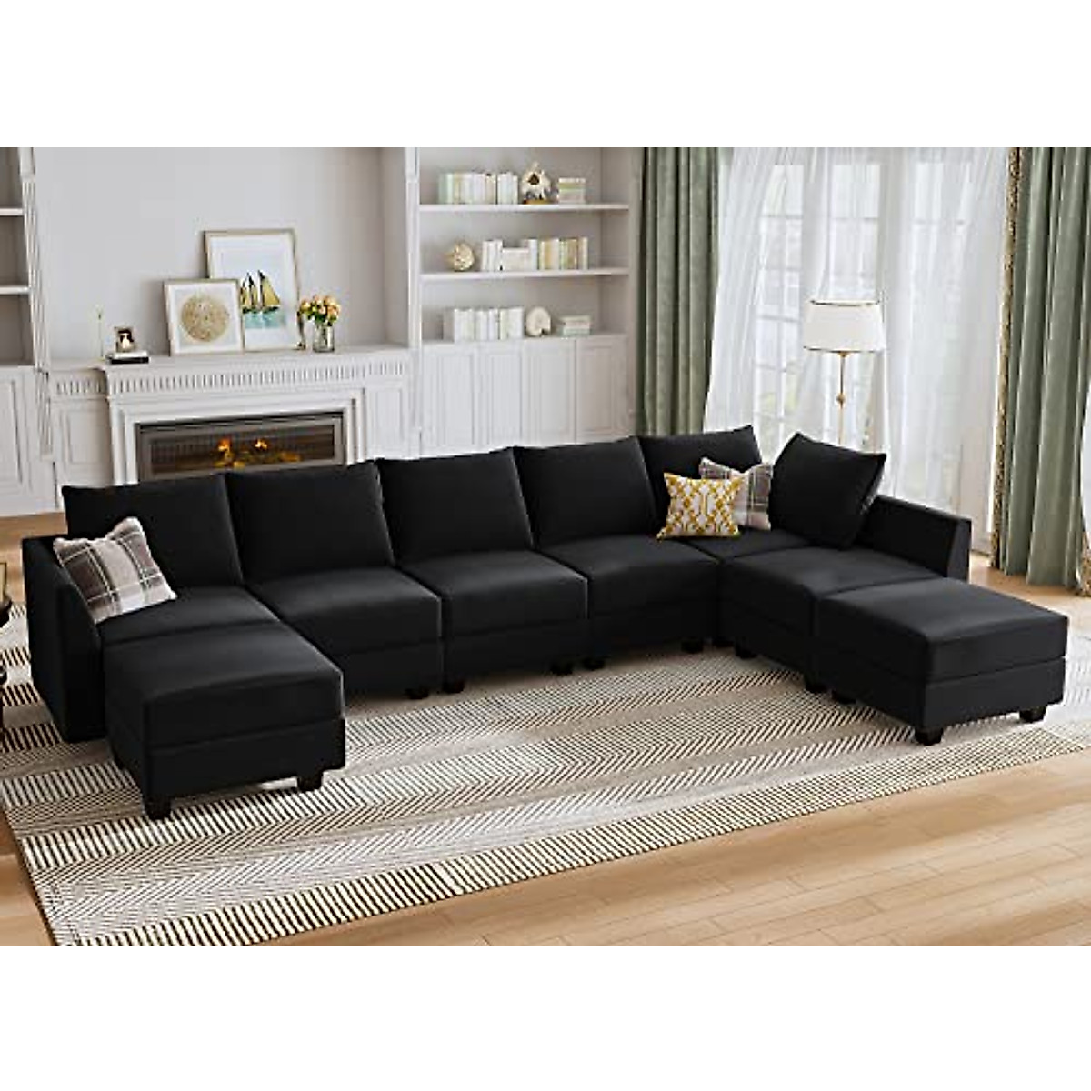 HONBAY Flexible Modular U Shaped Sofa, Black, Wood, 112.60 x 81.50 x 33.90 in