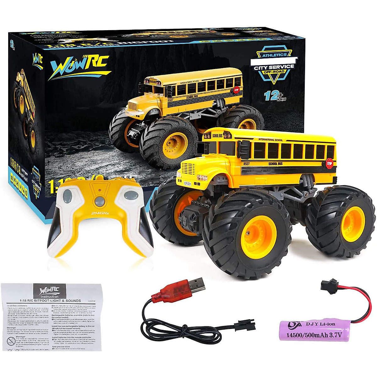 WOWRC Remote Control Fire Truck RC School Bus with Sounds Lights Rechargeable 2.4GHz Monster Trucks Toy for Kids, Boys, Toddlers (Yellow)