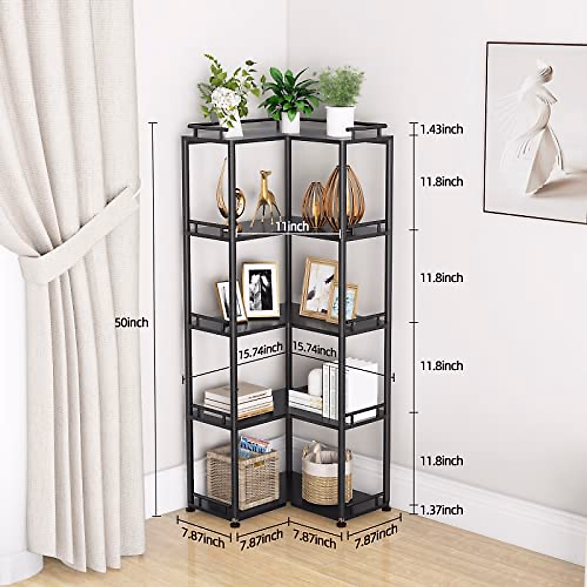 FLE 5 Tier Corner Shelf,Modern Corner Bookshelf Industrial Corner Ladder Shelf Small Bookcase Plant Stand for Living Room, Kitchen, Home Office (Black)