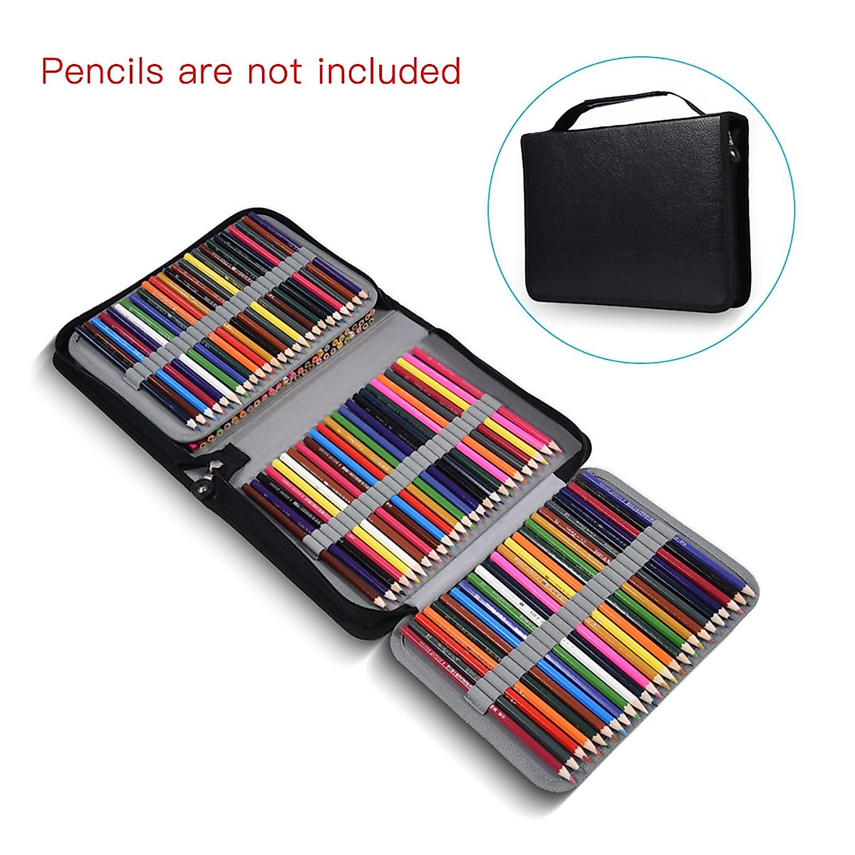 150 Slots Colored Pencil Case,Deluxe PU Leather Fabric Large Capacity Gel Pens Watercolor Pencils Holder Organizers Bag with Zipper,Handle (black)