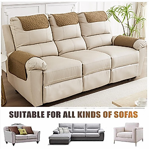 Sofa Armrest Cover, Headrest Cover for Recliner Chair Arm Cover, Armchair Slipcover with Pockets, Nonslip Quilted Furniture Protector for Pets Leather Sofa Couch (Khaki(Style B),3 Seater(5pcs))