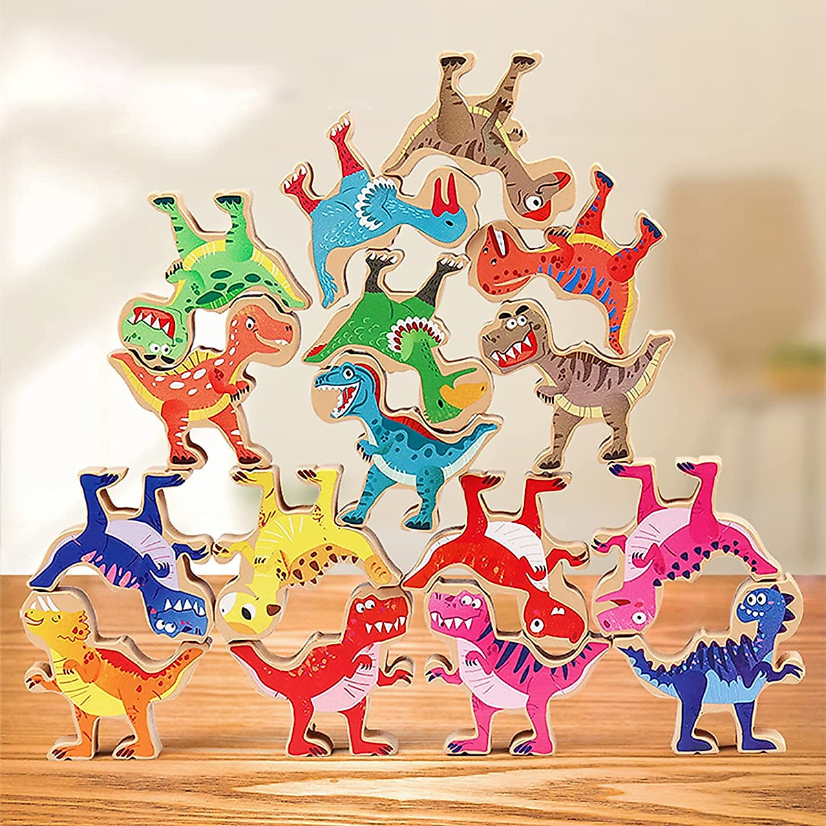 Dinosaur Stacking Toy Wooden Animal Puzzle Children's Dino Education Stacking Toy, Used in Children's Montessori Toys As Gifts for 3-7 Years Old Boys and Girls