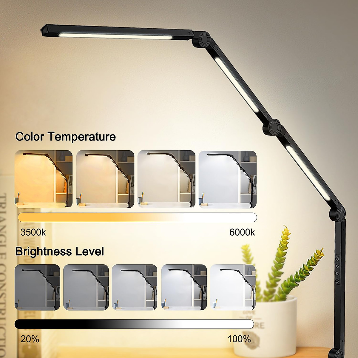 vimeepro LED Desk Lamp with Clamp Flexible 4 sections Swing Arm Three light sources desk light, 4 Color Modes & 5 Brightness, Eye Caring Led table light with Memory Function for table lamps for office