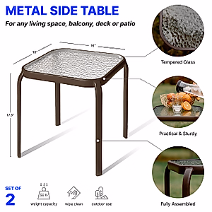 PROLISOK Bronze Metal Outdoor Side Table with Tempered Glass Top Set of 2 – Elegant Small 16" Square Patio Table – Durable Weather-Resistant Coffee Bistro Accent End Table for Outside and Garden