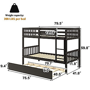 Unovivy Twin Over Twin Bunk Bed with Trundle, Solid Wood Bunk Bed Twin Over Twin with Guardrails and Ladder, Convertible to 2 Beds, Fit for Kids, Teens, No Box Spring Needed, Espresso