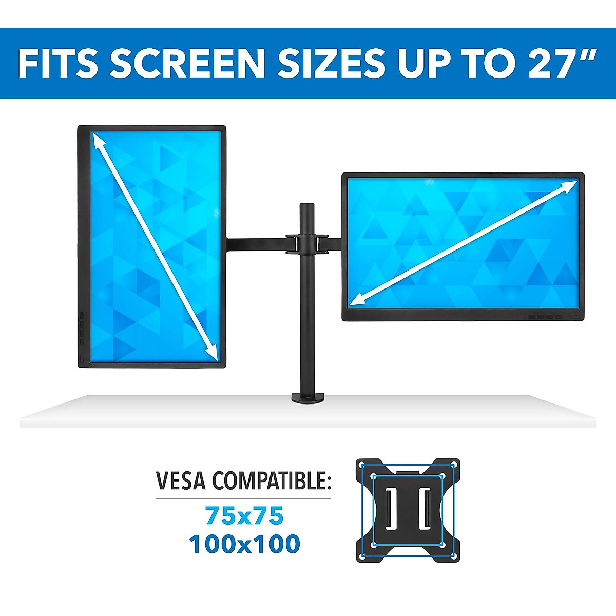 Mount-It! Dual Monitor Mount | Double Monitor Desk Stand | Two Heavy Duty Full Motion Adjustable Arms Fit 2 Computer Screens 17 19 20 21 22 24 27 Inch | VESA 75 100 | C-Clamp and Grommet Base