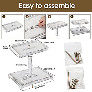 FESTWIND Farmhouse Wooden Rectangle Tiered Tray for Countertop, Small Beaded Tiered Tray Stand for Holidays, Two Tiered Tray Distressed Brown