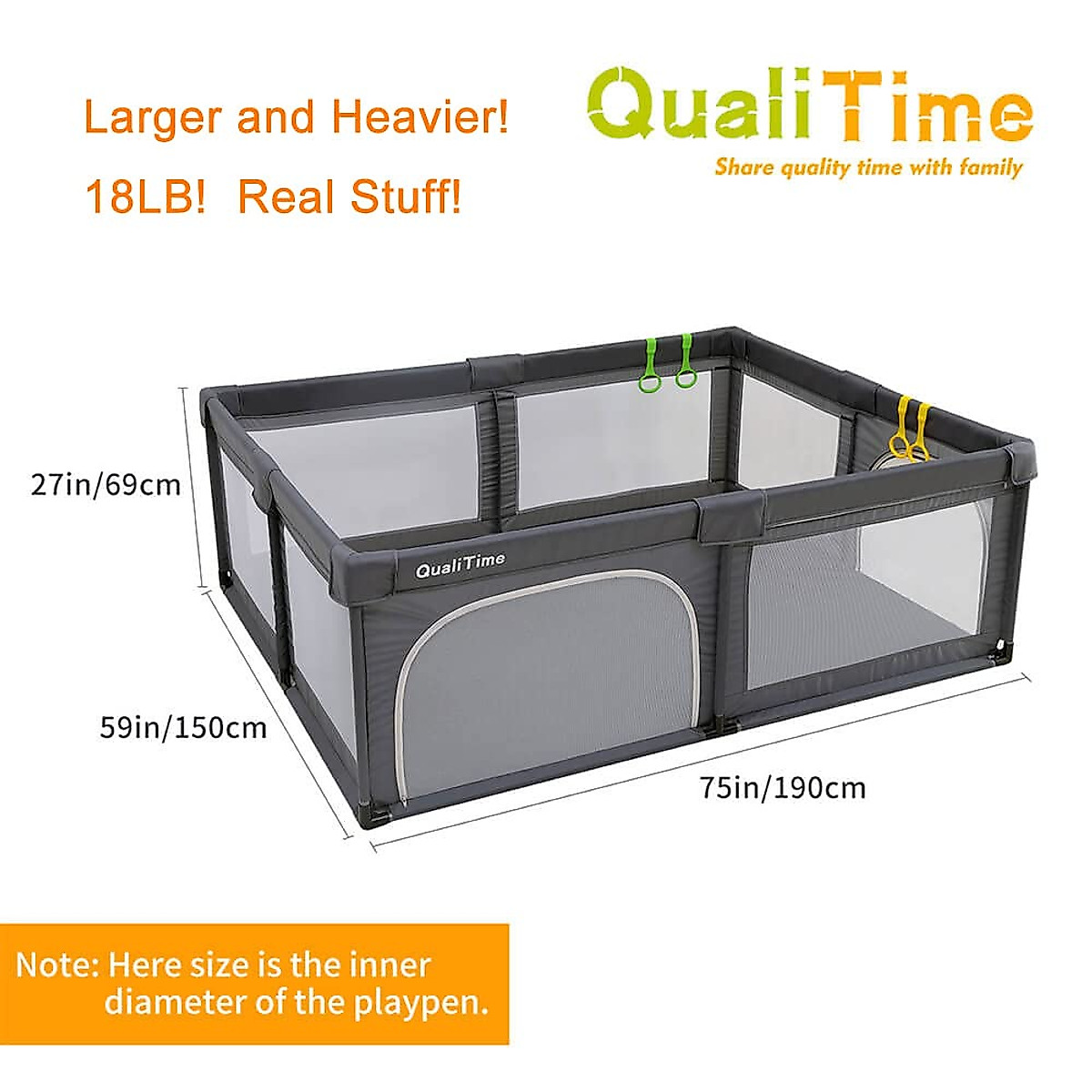 Baby Playpen, Playpens for Babies, Extra Large Playyard for Toddler, Reliable Kids Activity Center, Sturdy Safety Playpen with Anti-Slip Suckers and Super Soft Breathable Mesh (Dark Gray, Large)