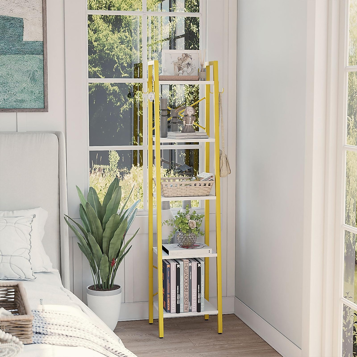 YMYNY Bookcase, 5-Tier Narrow Ladder Bookshelf, Freestanding Shelving Unit, Multifunctional Storage Rack, for Home Office Living Room Bedroom Kitchen, Plant Stand, White, UHBC025W