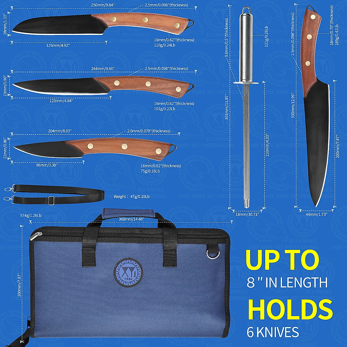 XYJ Portable Chef Knife Set Professional,Cleaver Kitchen Knives,Camping Vegetable Nakiri Knife,Brisket Boning Knives With Blade Guard,Carry Bag Set(6)