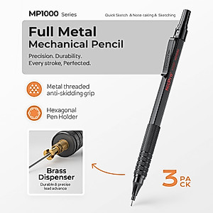 Nicpro 0.7 mm Mechanical Pencils Set with Case, 3 Metal Artist Pencil With 6 Tube HB Lead Refills, 3 Erasers, 9 Eraser Refills For Architect Art Writing Drafting Drawing, Engineering, Sketching, Black