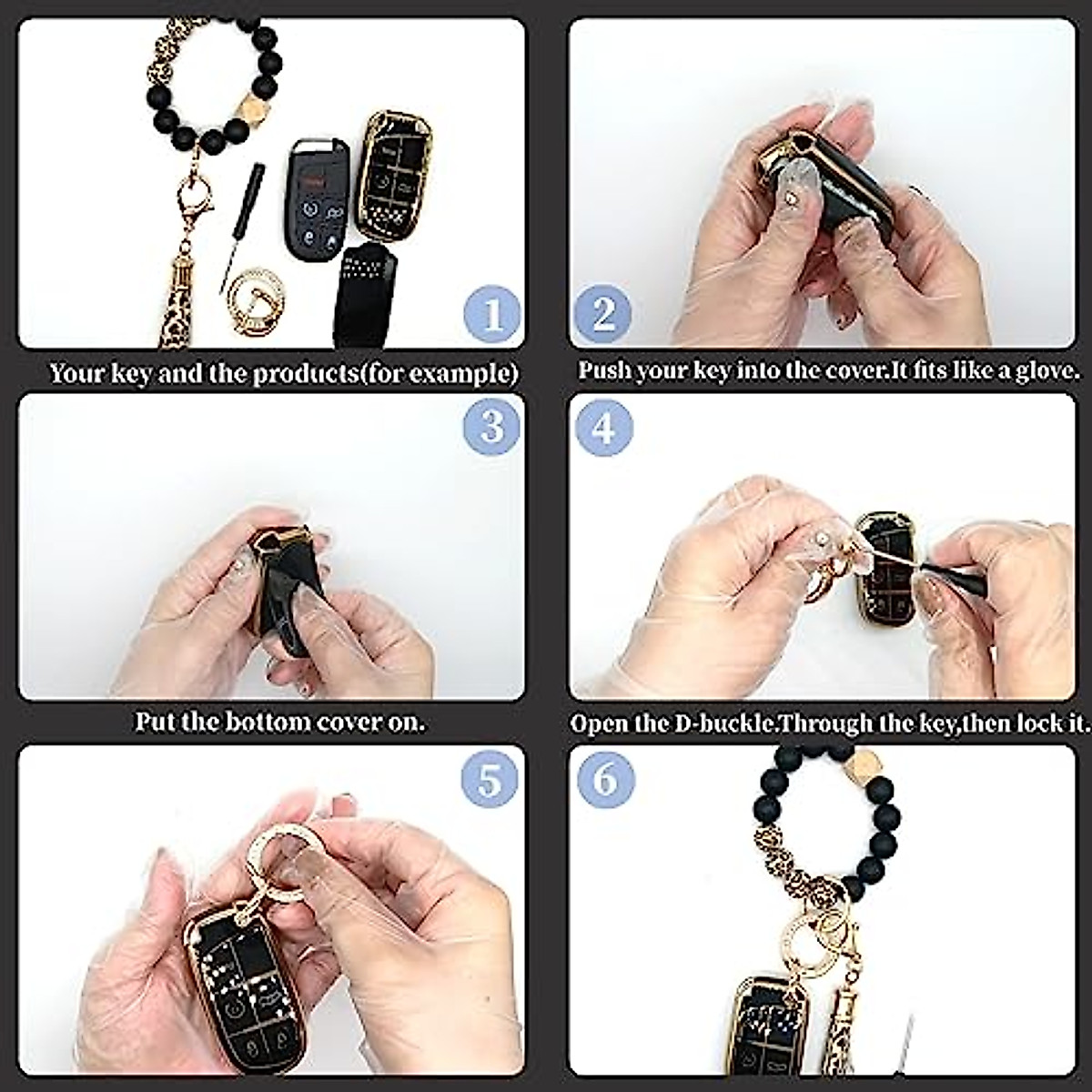 FONNUY for Honda Key Fob Cover,Black Leopard Beaded Key Holder Fits for Honda Accord Civic Cr-V Hr-V Fit Odyssey Jed Crosstour Crider Smart Key Accessaries Set