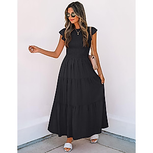 ZESICA Women's 2025 Summer Casual Flutter Short Sleeve Crew Neck Smocked Elastic Waist Tiered Midi Dress,AllBlack,Medium
