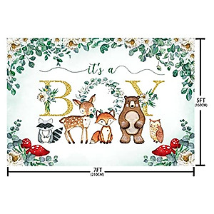 AIBIIN 7x5ft Woodland Baby Shower Backdrop It's A Boy Green Leaves Bear Foxes Owl Photography Background Baby Shower Party Decorations Banner Photo Studio Props