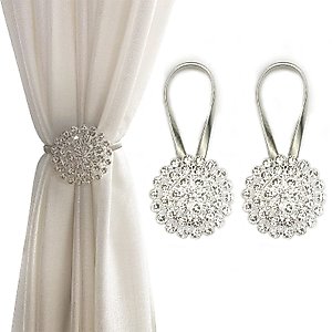Magnetic Tiebacks for Curtains, 2 Pack Sparkling Crystal Flower Curtain Tiebacks Curtain Buckle Clips with High-Elastic Spring Wire for Home Office Decoration (White)