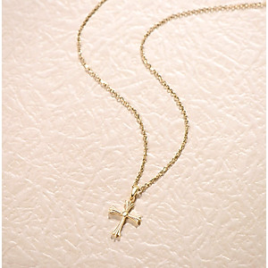 FANCIME SOLID REAL 14K Yellow Gold SMALL TINY Little Cute Embossed Cross Crucifix Delicate Necklace Dainty Pendant Fine Jewelry For Women, With 16+2" Solid Gold Cable Chain