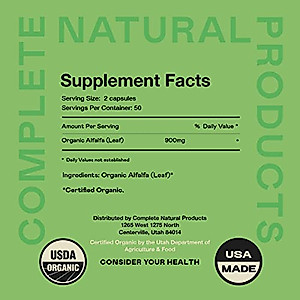 Complete Natural Products Pure Alfalfa Leaf (Medicago Sativa) - 100 Capsules - 630mg of Pure Dried Organic Alfalfa Leaf Powder in Veggie Capsules