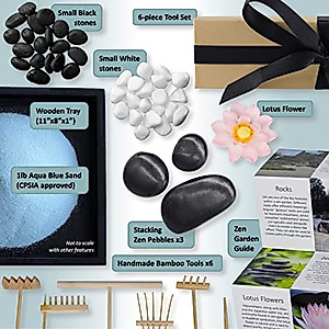 Oasis of Calm Zen Garden Kit. 11x8 Beautiful Premium Japanese Decor Mini Rock Garden Meditation Gifts Set. Home, Office Desk Accessories. Zen Decor Zen Sand Garden. Aqua Blue Sand, 6 Tools, 6 Feature