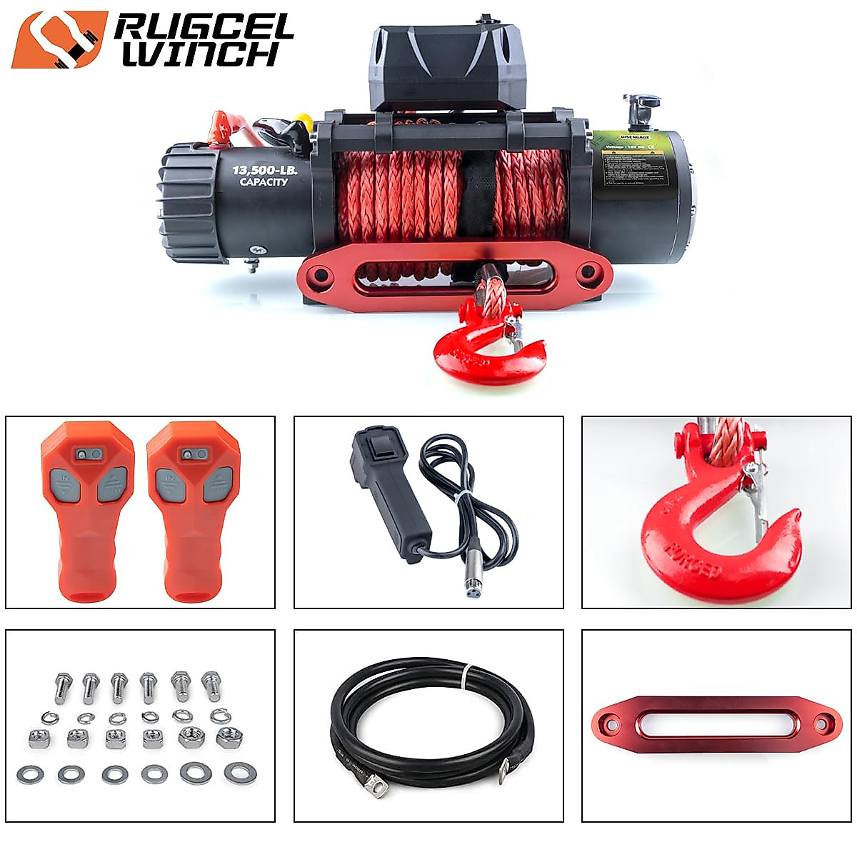 RUGCEL WINCH 13500lb Waterproof Electric Truck Winch 12V Synthetic Rope Jeep Winch with Hawse Fairlead,Wired Handle and 2 Wireless Remote,for Trailer and Wrangler in Car Lift