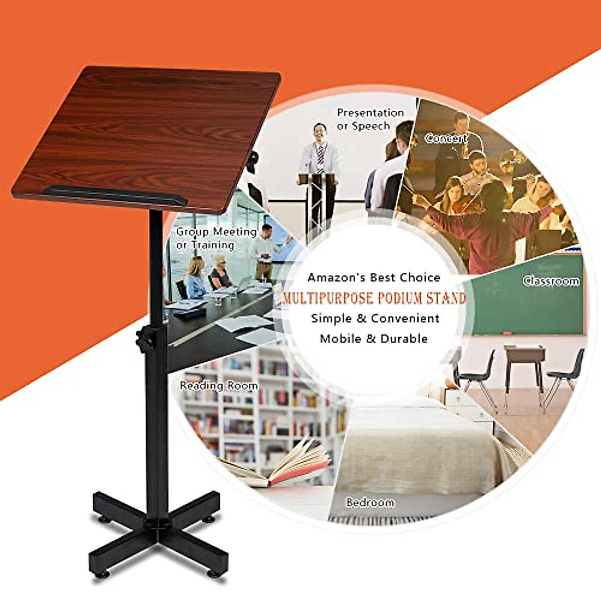 Bonnlo Classic Lectern Podium Stand, Height Adjustable Church Classroom Lecture, Portable Presentation Concert Podium, Multi-Function Reading or Laptop Desk with Edge Stopper, Brown (Brown)