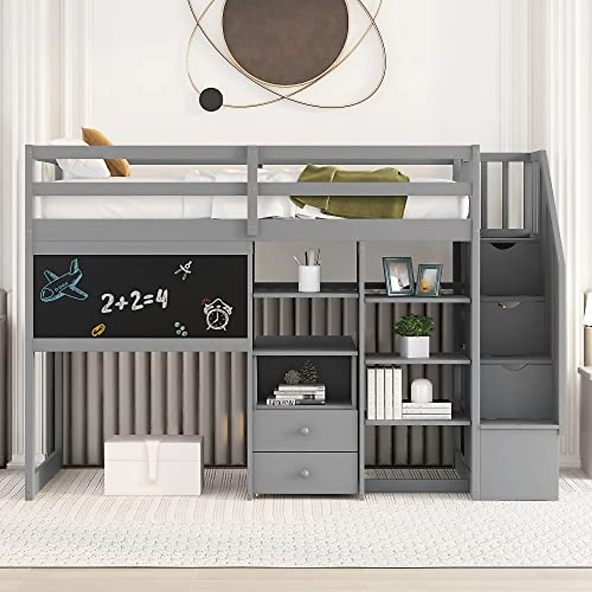 Harper & Bright Designs Twin Loft Bed with Stairs, Solid Wood Loft Bed with Pullable Desk and Storage Shelves and Blackboard, for Bedroom, Dorm, Boys, Girls, Adults (Twin Size, Gray)