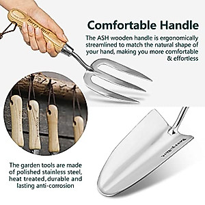 Berry&Bird 3Pack Gardening Hand Tool Set- Stainless Steel Garden Tool Kit Include Wooden Handle Trowel, Hand Fork & Weeder for Weeding Planting Transplant & Measuring, Ideal Garden Gift for Women&Men