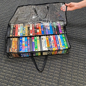 Evelots 4 Pack-VHS Movie Tape Storage Bag/Case, Clear PVC Plastic-Holds 200 Total, Strong Handles-No Dirt/Moisture/Dust