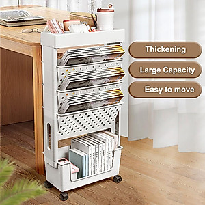 XIYAO 5 Tier Book Rack Storage Bookshelf,Plastic Removable Rolling Utility Cart Multi-Functional Movable Storage Book Shelves with Lockable Casters for Students Study Office Classroom,White