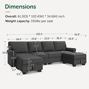 HONBAY U Shaped Sectional Couch with Storage Seat, Reversible Chaise, Convertible for Living Room, Dark Grey