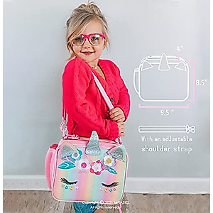 mibasies Kids Unicorn Insulated Lunch Box for Girls Rainbow Bag with Water Bottle Holder(Pink Blue Rainbow)