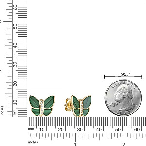 Green Malachite and Cubic Zirconia Butterfly Stud Earrings in 925 Sterling Silver with Yellow Gold Plating with Friction Back by Lavari Jewelers