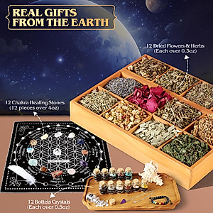 Witchcraft Supplies Kit, 80Pack Witch Starter Kit Wiccan Supplies and Tools Witchy Gifts for Beginners, Spell Candles, Chakra Healing Crystals and Dried Herbs for Zodiac and Lunar Magick