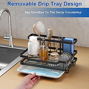 Sponge Holder Kitchen Sink Caddy Organizer, Large Stainless Steel Sink Tray Drainer Rack, Countertop Soap Dish Dispenser Brush Holde with Removable Drain Tray - Not Including Dispenser, Sponge, Brush