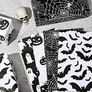 Whaline 12 Sheet Halloween Wrapping Paper Black White Pumpkin Ghost Spider Web Pattern Folded Flat Gift Wrap Paper 4 Design Art Paper for Halloween Party DIY Craft Gift Packing, 19.7 x 27.6 Inch