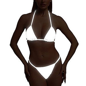 Reflective Rave Outfits for Women - Sexy Shiny Festival Halter Triangle Top Thong EDM Night Metallic Bikini Set(Silver,XS,1036e)