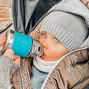 Pura Kiki Newborn Baby Bottle Gift Set - BPA-Free, Stainless Steel, Anti-Colic, Silicone Starter Feeding for Breastmilk & Formula - Aqua & Gray, 0-18 Months