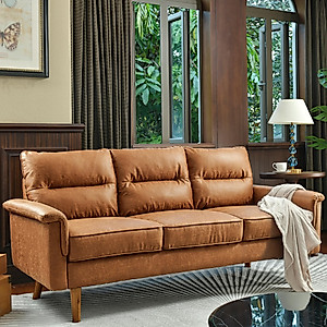 weaxty W 72" Classic 3-Seater Sofa Faux Leather Couch with Curved Armrest and Solid Wood Frame, Suede Fabric Small Faux Leather Couch for Living Room (Brown)