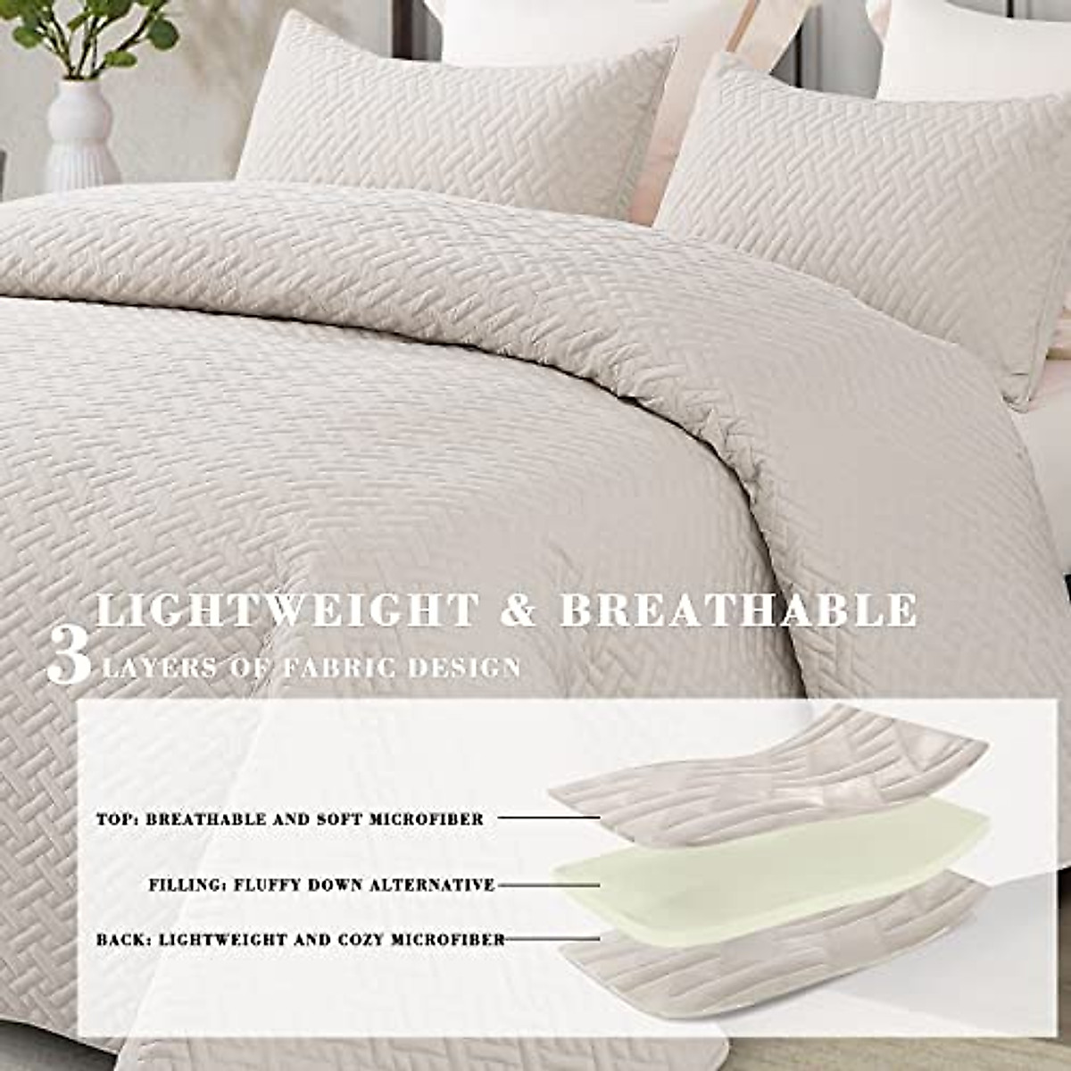 Exclusivo Mezcla 3-Piece Queen Size Quilt Set with Pillow Shams, Basket Quilted Bedspread/Coverlet/Bed Cover(96x90 Inches, Bone) -Soft, Lightweight and Reversible