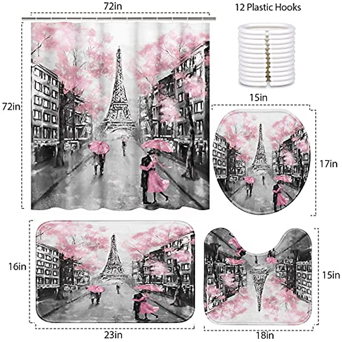 Britimes 4 Piece Shower Curtain Sets, with 12 Hooks, Oil Painting Pink Gray Paris with Non-Slip Rugs, Toilet Lid Cover and Bath Mat, Durable and Waterproof, for Bathroom Decor Set, 72" x 72"