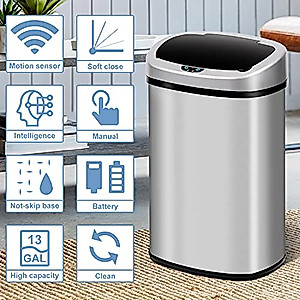 R/E Kitchen Trash Can Garbage Can Stainless Steel Trash Can with Lid 13 Gallon High-Capacity Touchless Trash Can Automatic Garbage Can Fingerprint-Proof for Office Bedroom Bathroom