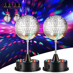Retisee 2 Sets 5 Inch Mirror Disco Ball Light Rotating Disco Ball Mount Electric Motor 18 LED Hanging and Table 2 Use for DJ Bands Pubs Stage KTV Party Banquets Night Club Wedding Decor