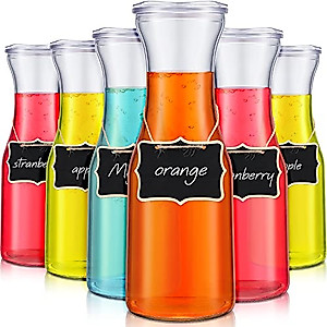 Set of 6 Glass Carafe with Lids 1 Liter Wine Carafe Glass Juice Bottles Clear Juice Container Beverage Water Pitcher with 6 Wooden Chalkboard Tags 1 Marker for Water Wine Milk Juice
