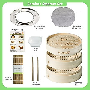 Cleanclue Bamboo Steamer Basket 10 inch and Sushi Roller Gift Set for Cooking - Asian Food(Korean, Japanese, Chinese - Bao Bun, Dim Sum, Sticky Rice) with Steam Ring - 2 Tier Dumpling Steamer Basket