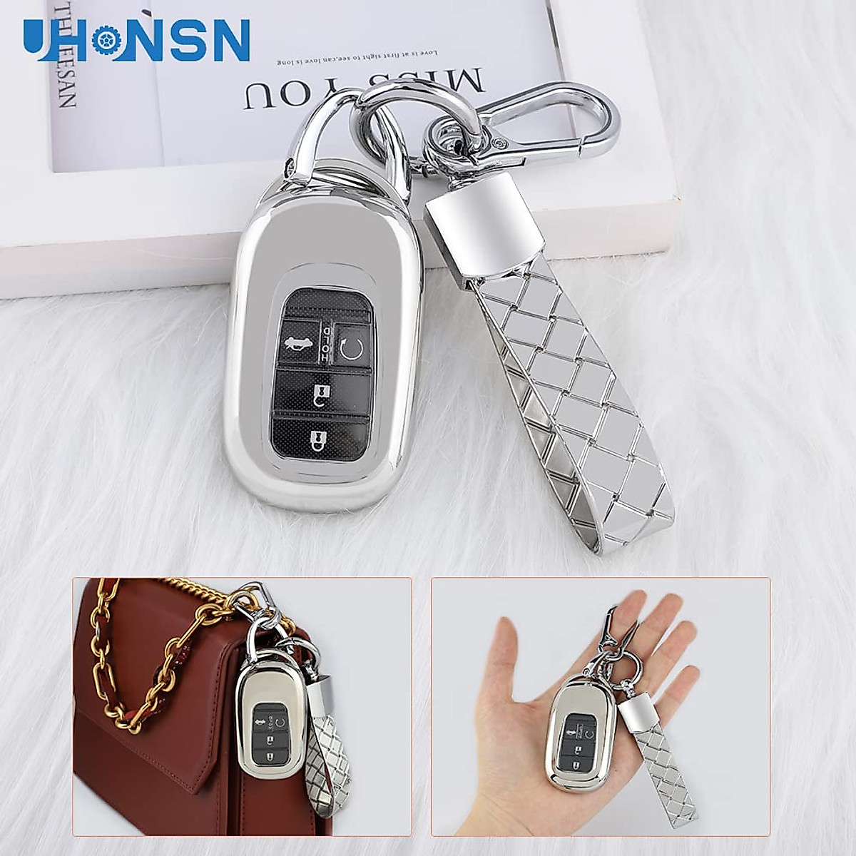 UHONSN Accessories for Honda Civic Accord 2022 Key Fob Cover Car Keys Shells Keychains Full Covers Protector Case Soft TPU Silver